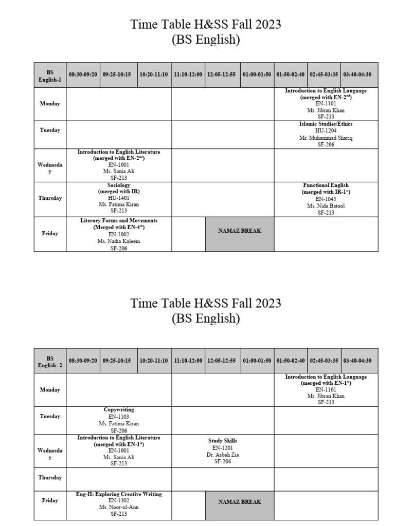 Time Table Fall 2023 BS English V3 | PDF | Human Communication