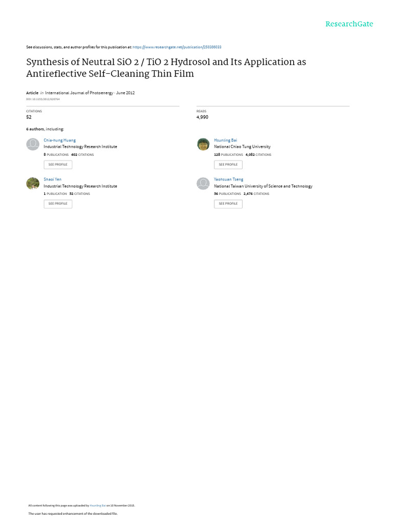 Synthesis of Neutral Sio 2 / Tio 2 Hydrosol and Its Application As ...