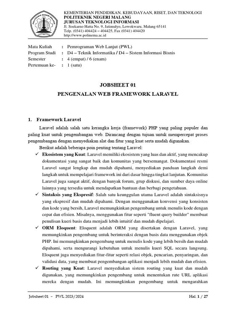 PWL - Jobsheet 01 - Pengenalan Web Framework Rev | PDF