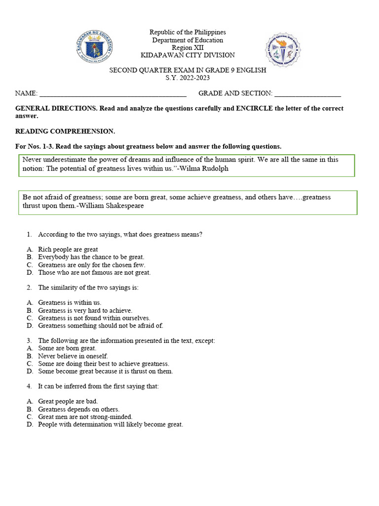 English 9 2Q Exam | PDF