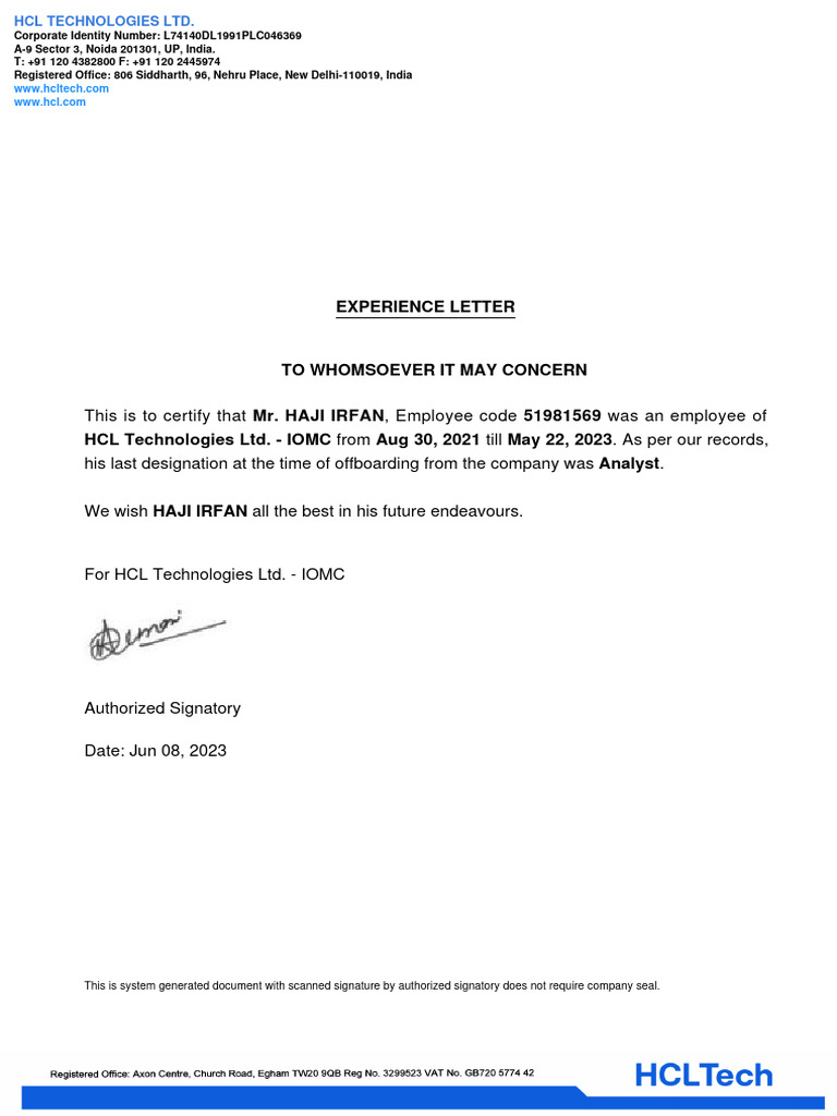 ExperienceLetter of HCL | PDF
