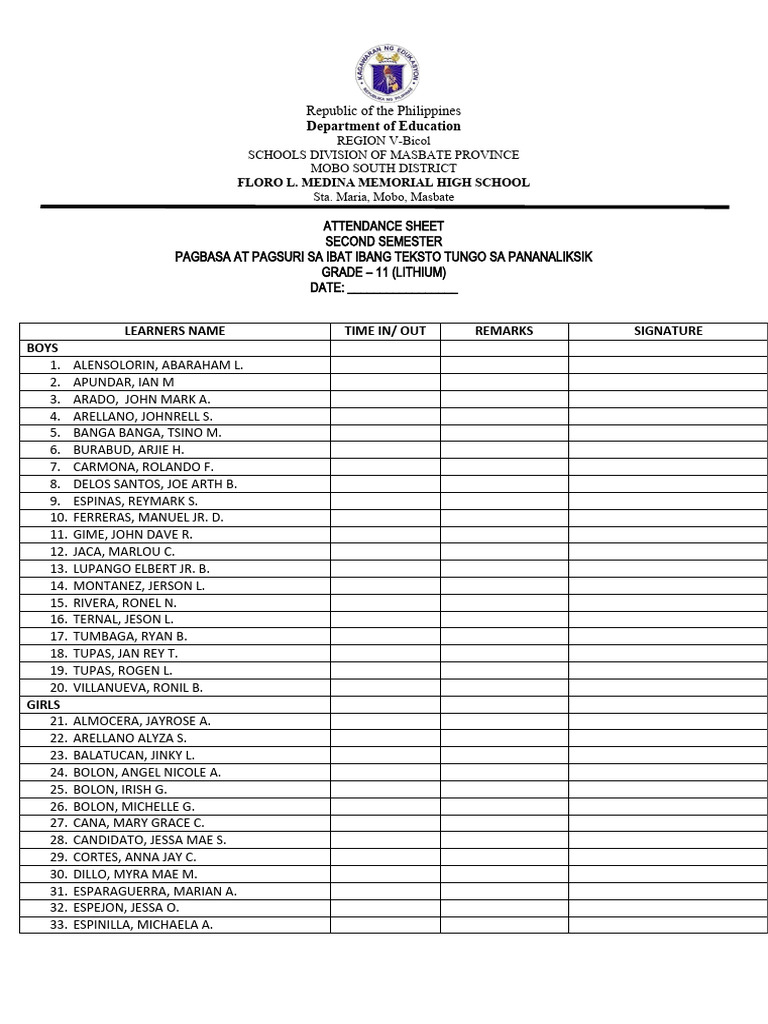 Attendance Sheet Grade 11 | PDF | Philippines