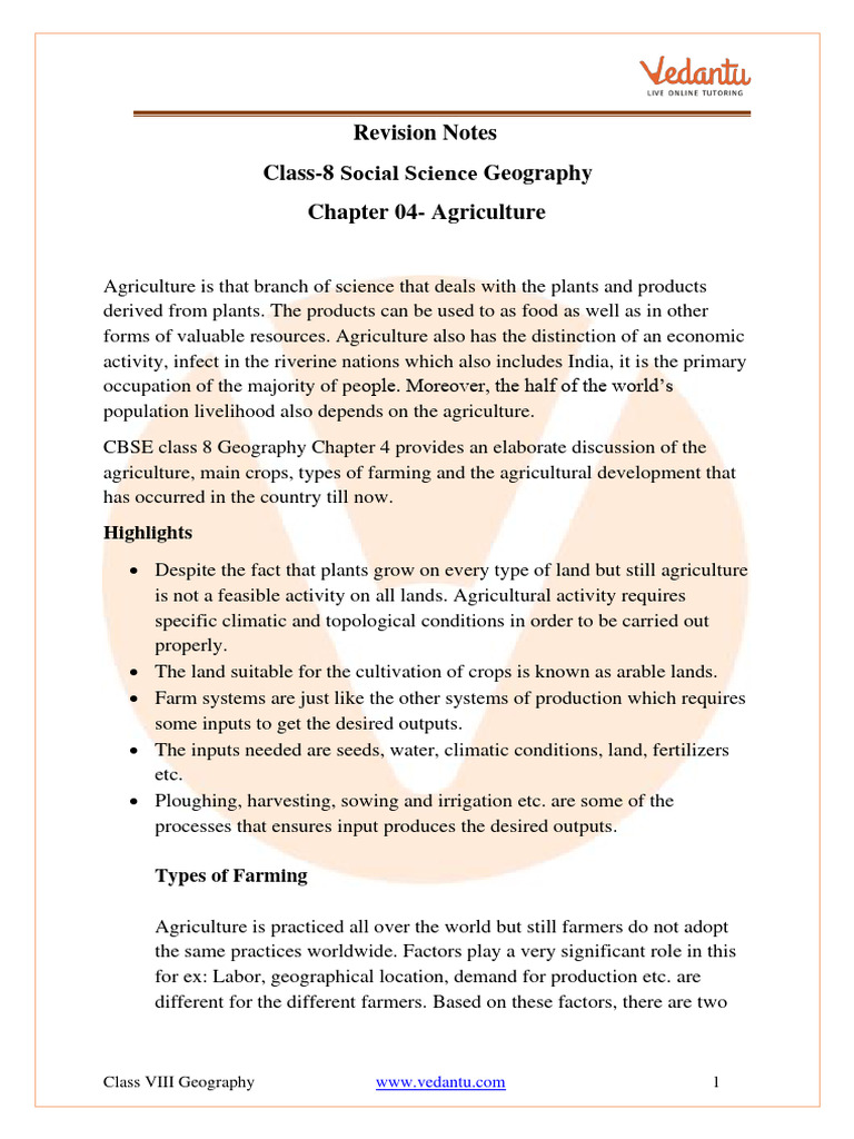 Agriculture Class 8 Notes CBSE Geography Chapter 4 (PDF) | PDF ...