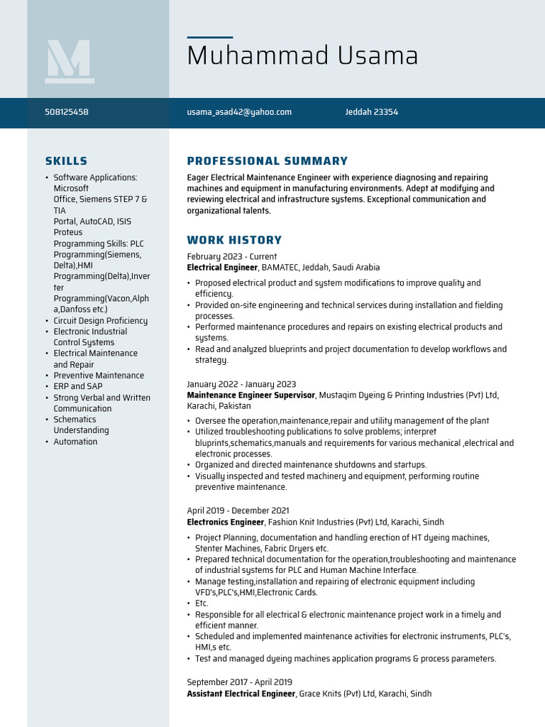 M.Usama Asad Engineer II, Electrical Resume | PDF | Programmable Logic Controller | User Interface