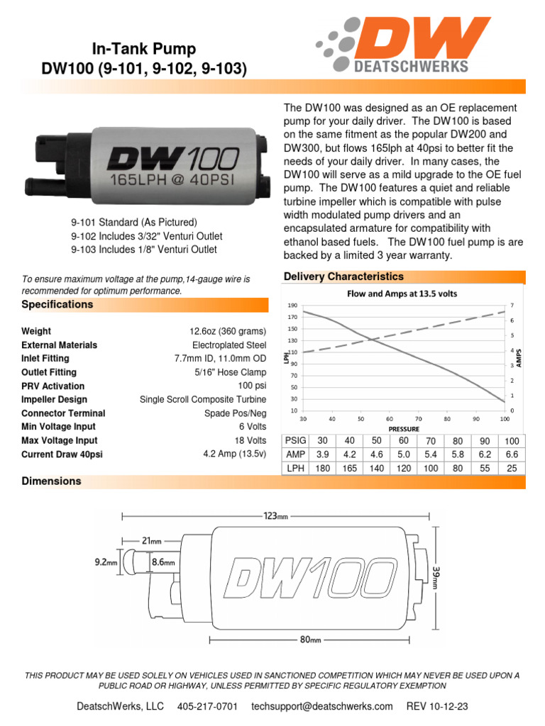 DW100 Tech Sheet | Download Free PDF | Pump | Electricity