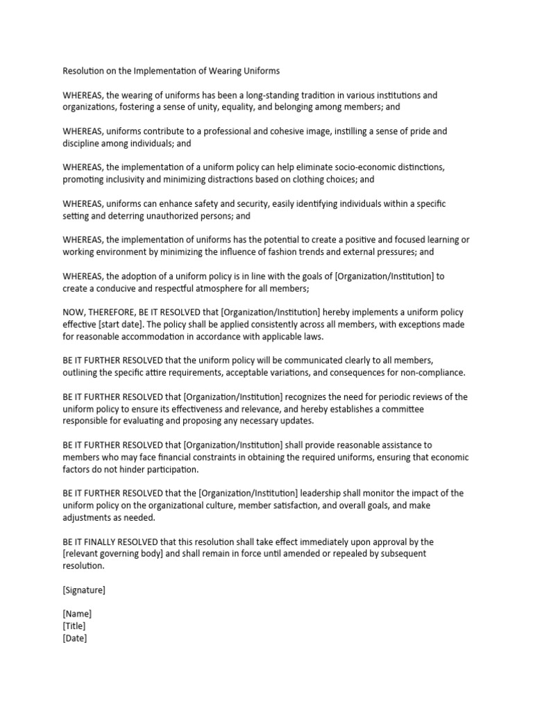 Resolution On The Implementation of Wearing Uniforms | PDF