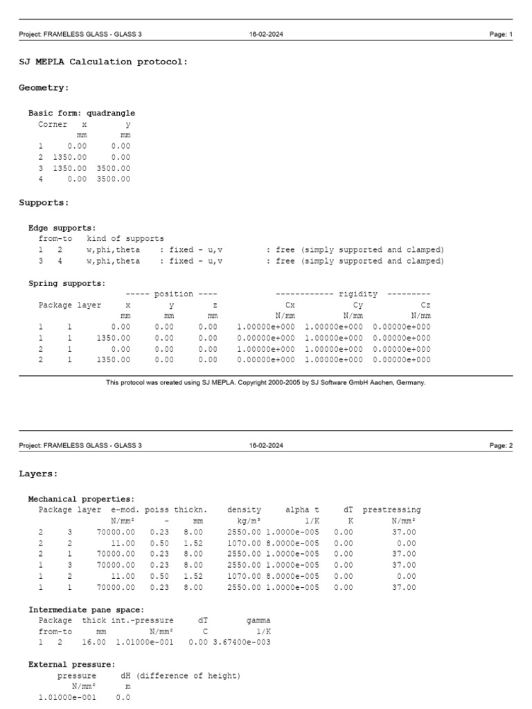 SJ MEPLA Calculation Protocol: Geometry:: Project: Frameless Glass - Glass 3 16-02-2024 | PDF ...