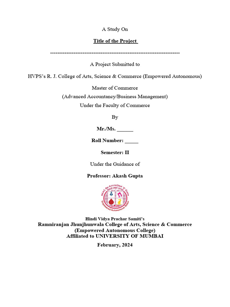 Project Work Front Pages Mcom | PDF