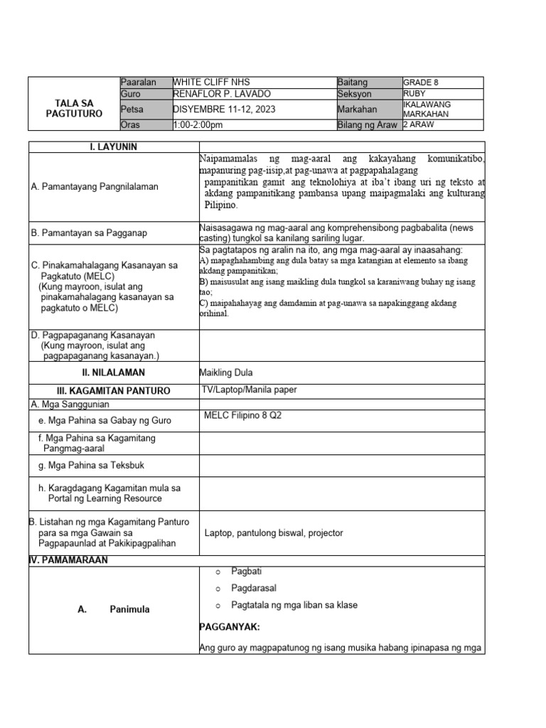 Cot 1-Filipino 8 - Maikling Dula | PDF