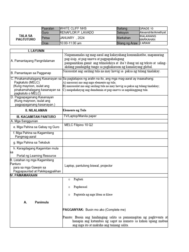 FILIPINO 10 - Tula | PDF