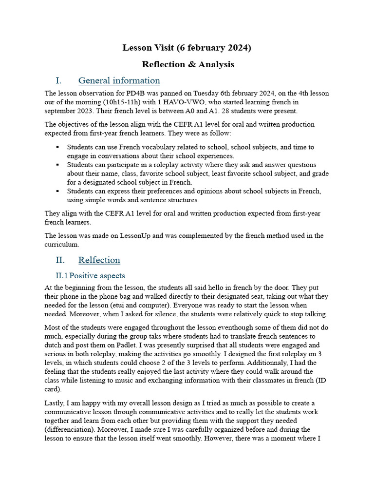 Lesson Visit Reflectie | Download Free PDF | Classroom Management ...