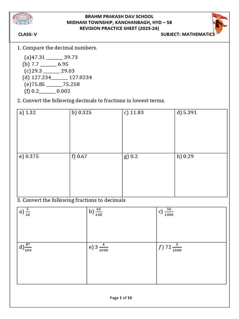 Class 5 Maths Revision Worksheet | PDF | Interest | Percentage