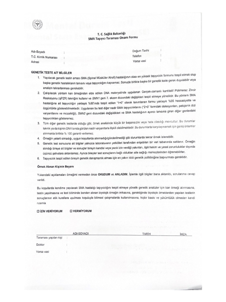 SMA Tasiyici Taramasi Onam Formu | PDF SMA Tasiyici Taramasi Onam Formu | PDF