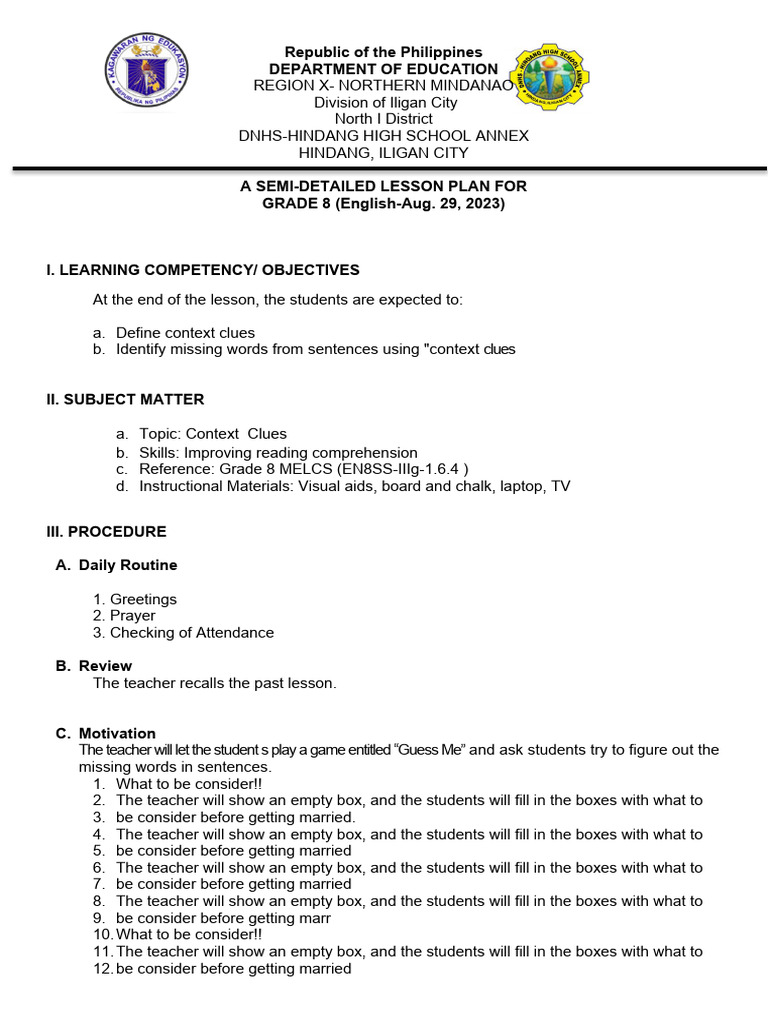1Q-SEMI-LP-8 Context Clues | PDF | Teachers | Reading Comprehension