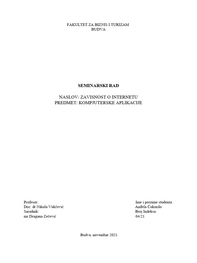 Andjela Cokorilo Zavisnost o Internetu | PDF