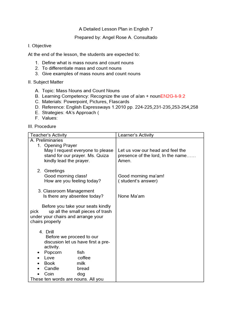 Mass and Count Nouns Lesson Plan | PDF | Noun | Cognitive Science