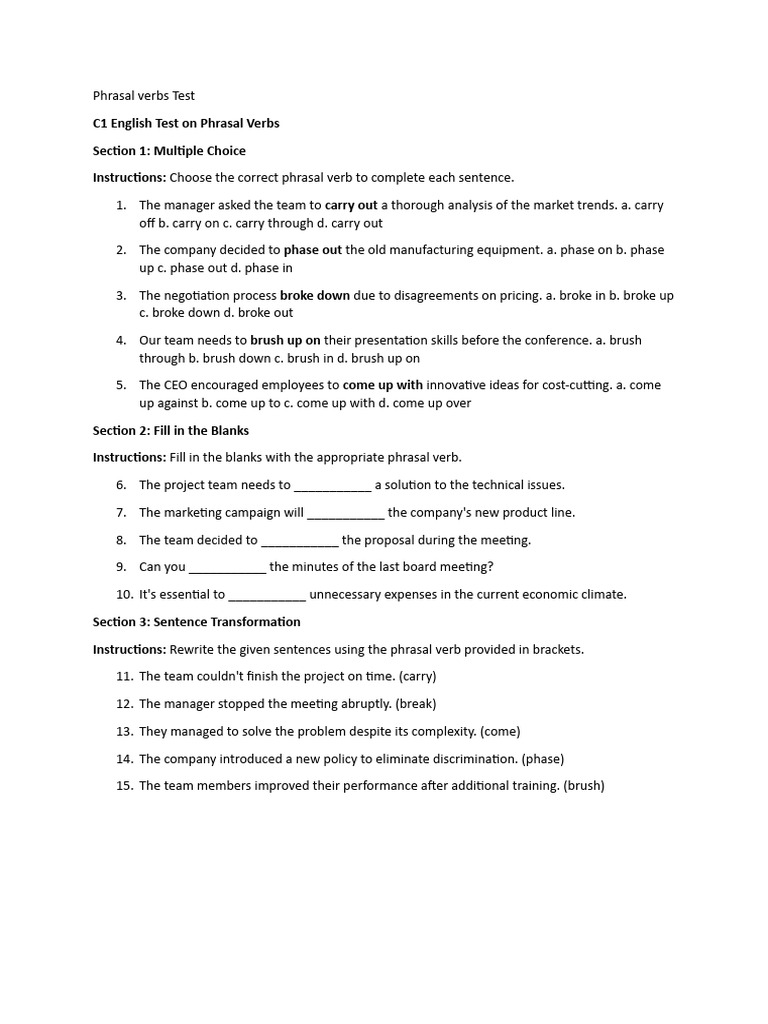 Phrasal Verbs Test | PDF