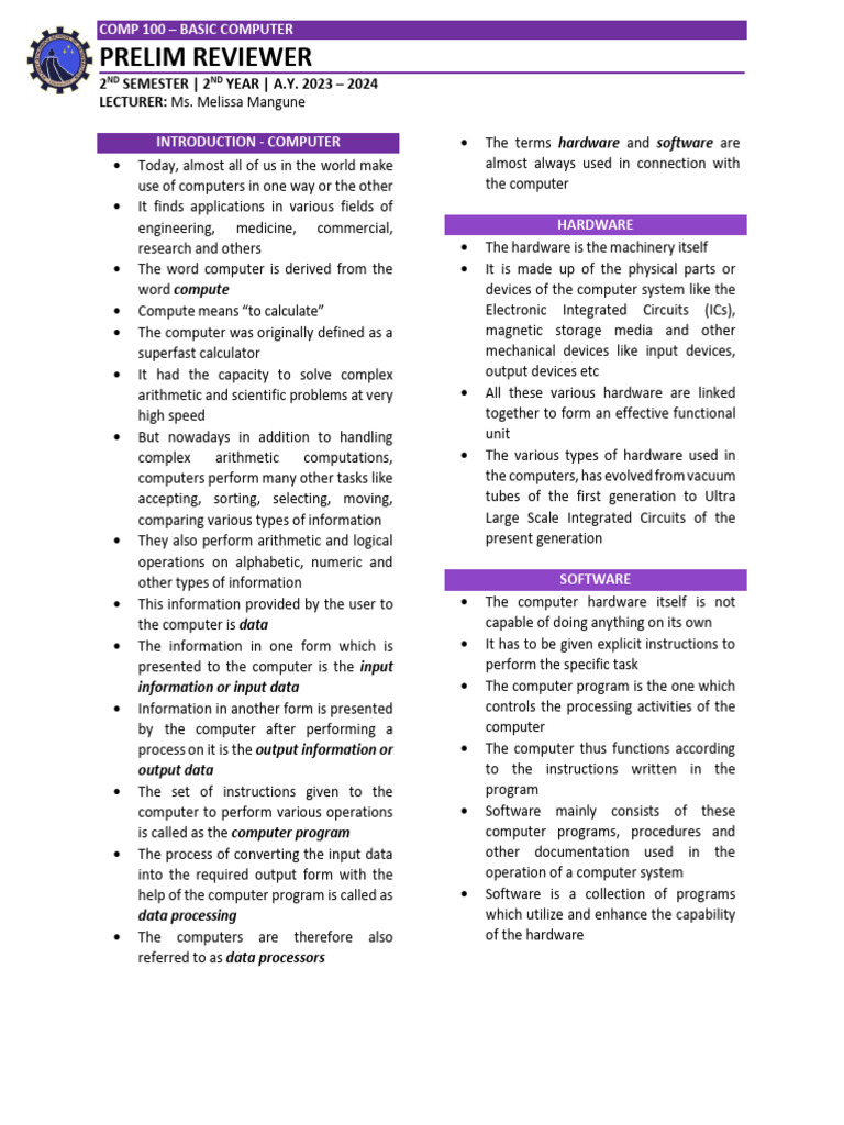 Comp 100 Prelim Reviewer | PDF | Printer (Computing) | Input/Output