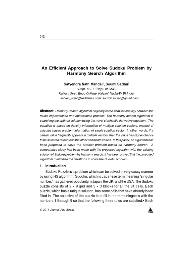 An Efficient Approach To Solve Sudoku Problem by Harmony Search ... An Efficient Approach To Solve Sudoku Problem by Harmony Search ...