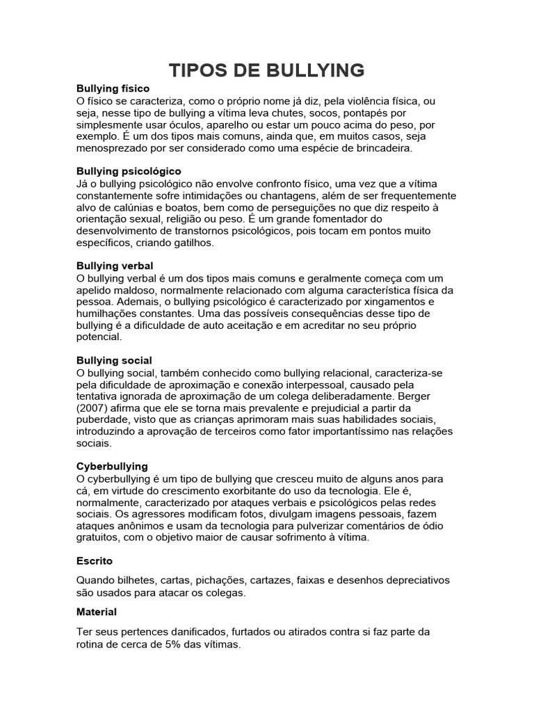 Tipos de Bullying | PDF | Assédio moral/bullying | Psicologia Social