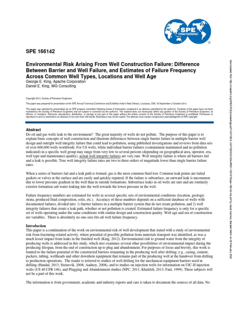 Spe-166142-Well Integrity Environment Risk | PDF | Leak | Casing (Borehole)