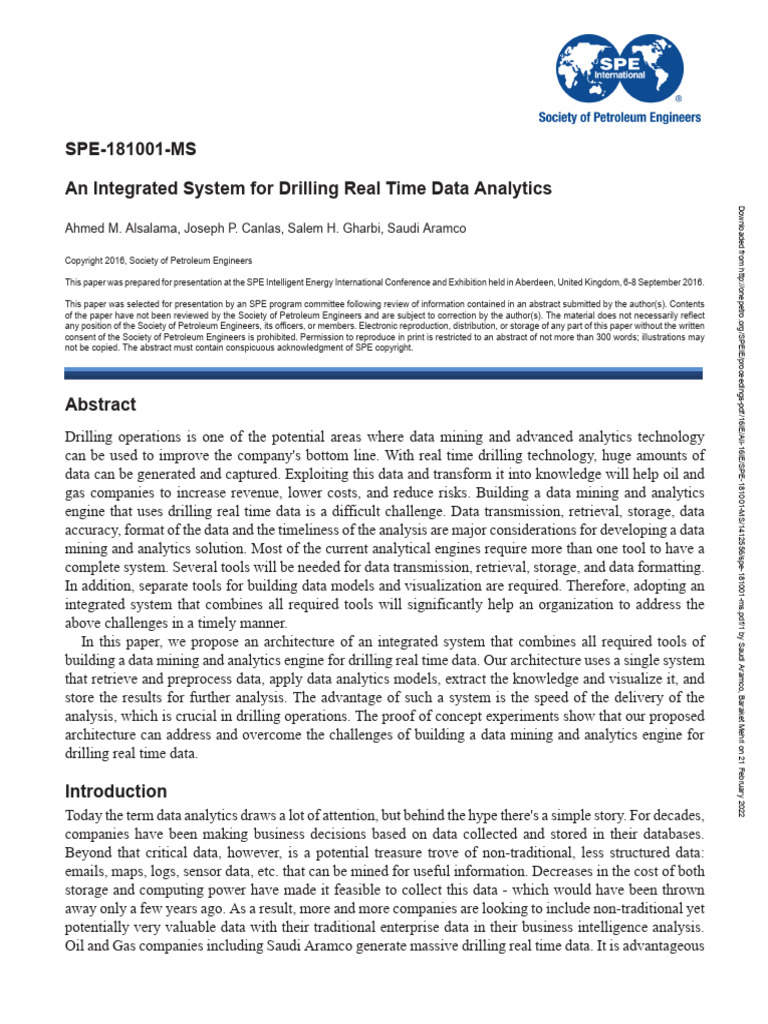Spe-181001-An Integrated System For Drilling Real Time Data Analytics ARAMCO | Download Free PDF ...