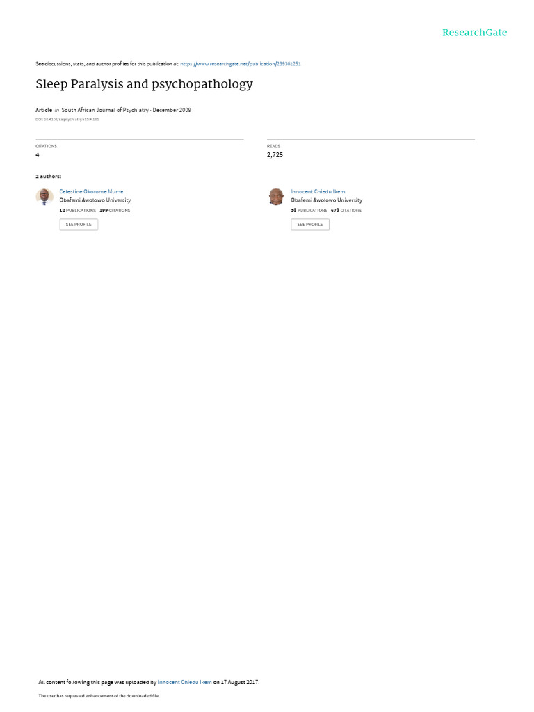 Sleep Paralysis and Psychopathology | PDF | Sleep | Hallucination