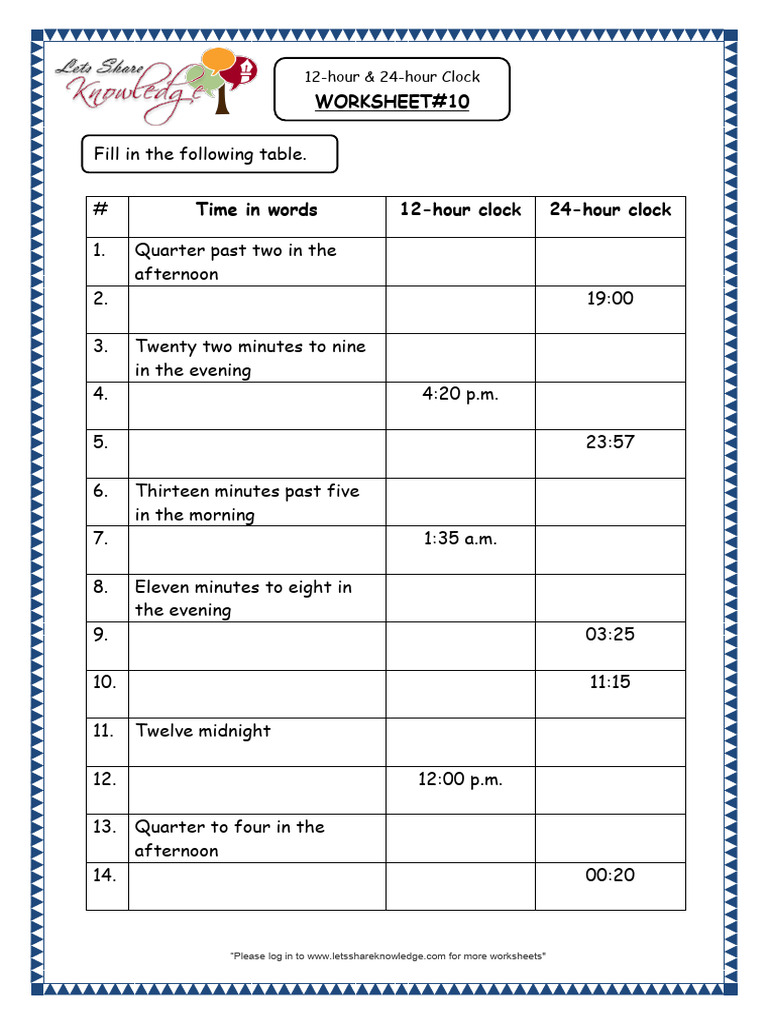 12 Hour 24 Hour Clock Grade 4 Maths Resources Printable Worksheets w10 ...