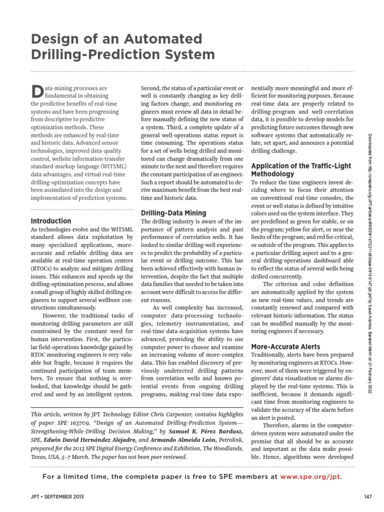 Spe 0913 0147 Jpt Design Of An Automated Drilling Prediction System 2013 Pdf Automation