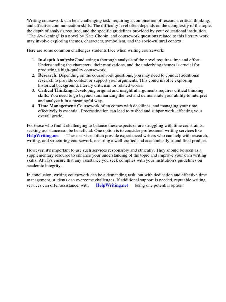 The Awakening Coursework Questions | PDF | Critical Thinking | The ...