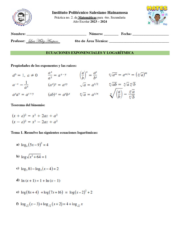 Práctica 2 Ecuaciones Exponenciales Y Logarítmicas Pdf