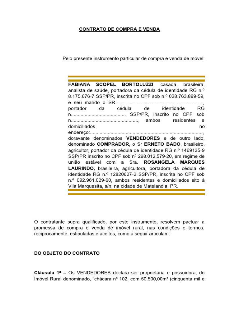 Modelo de Contrato de Compra e Venda de Bem Imóvel | PDF | Documentos ...