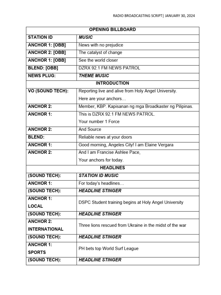 Radio Broadcastinng Script January 30 2024 | PDF | Entertainment | Mass ...