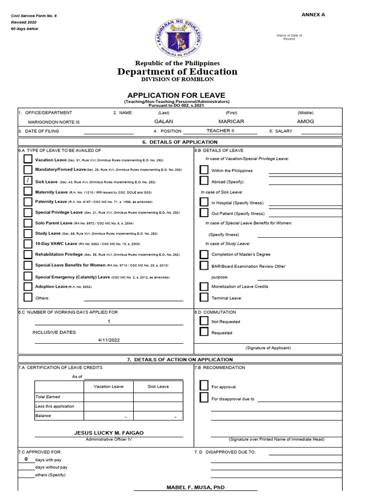 Leave Form 6 Revised 2020 | PDF | Parental Leave | Sick Leave