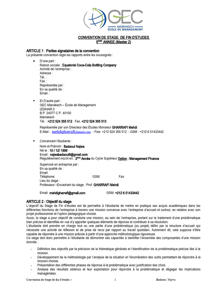 Convention de Stage 5ème GEC Marrakech | PDF | Business | Assurance