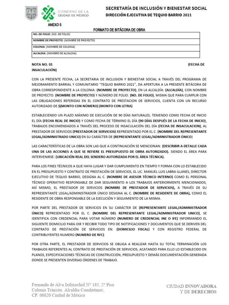 Anexo 5 Formato de Bitacora de Obra TB-2021 | PDF | Gobierno local | México