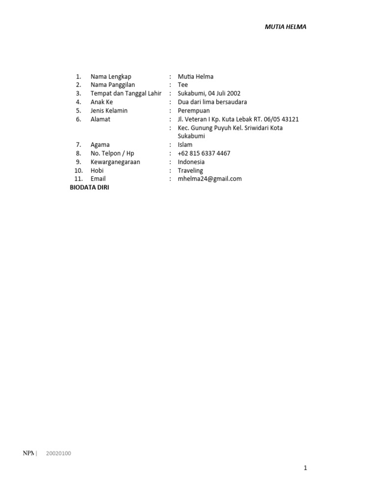Biodata Mutia Helma & Gunung Gede | PDF