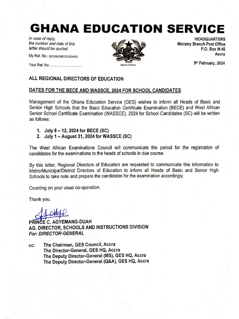 Date For The 2024 Bece and Wassce | PDF