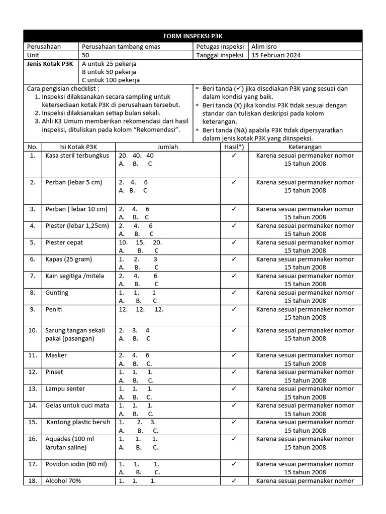 Form Inspeksi P3K | PDF