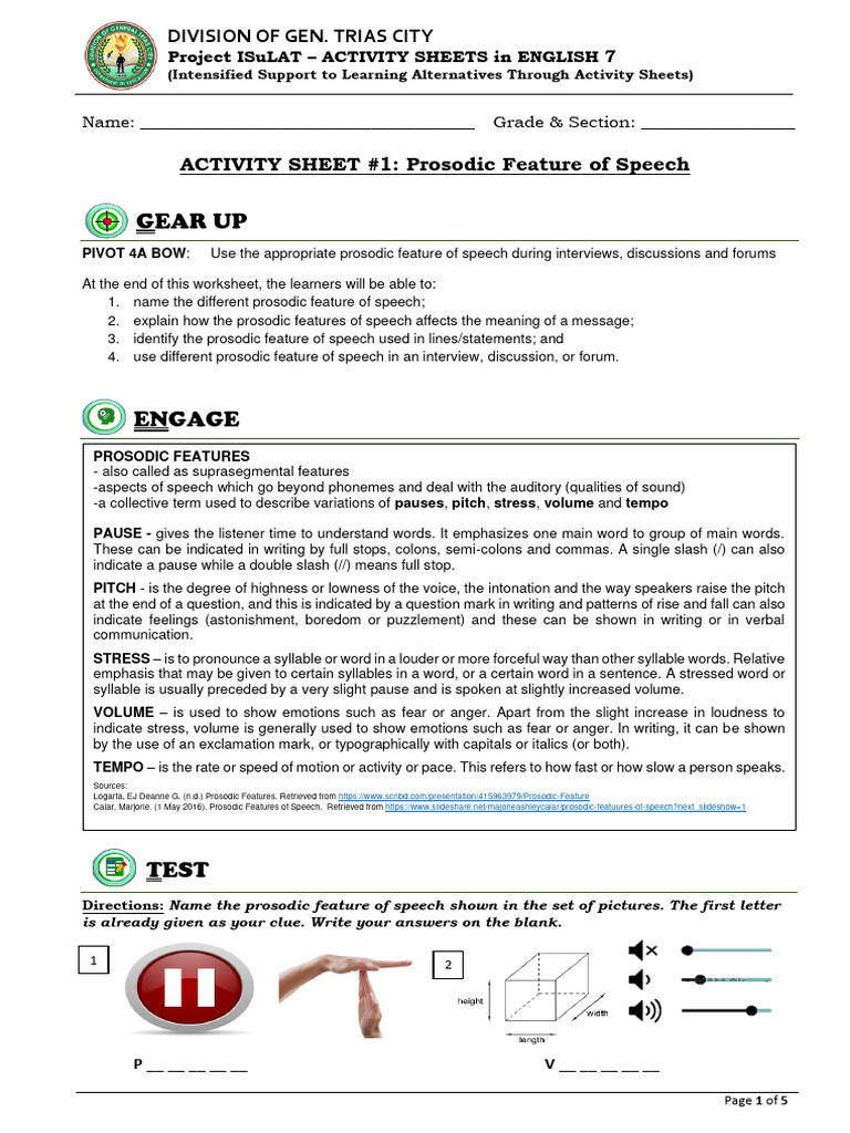 Prosodic Features of Speech Activity Sheet | PDF | Stress (Linguistics) | Linguistics