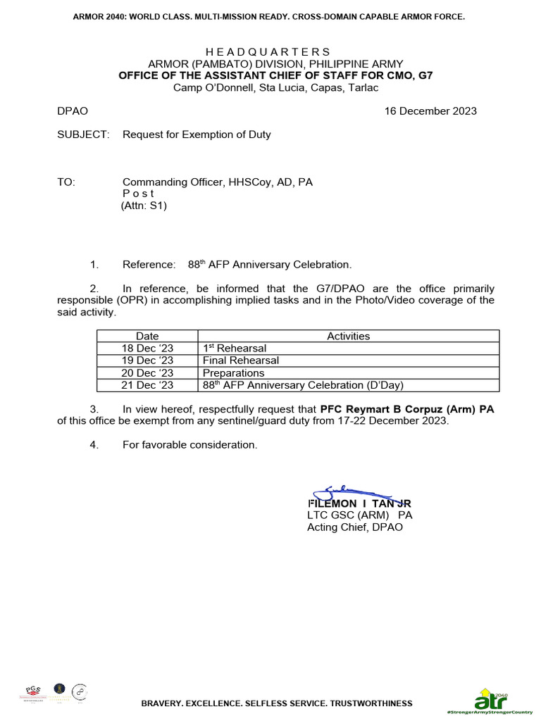 Exemption of Duty-AFP Day | PDF