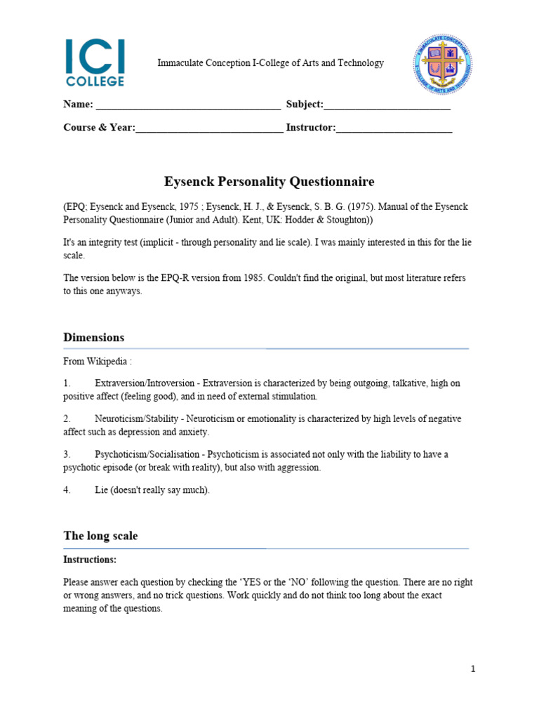 Eysenck Personality Questionnaire | PDF | Psychology | Psychological ...