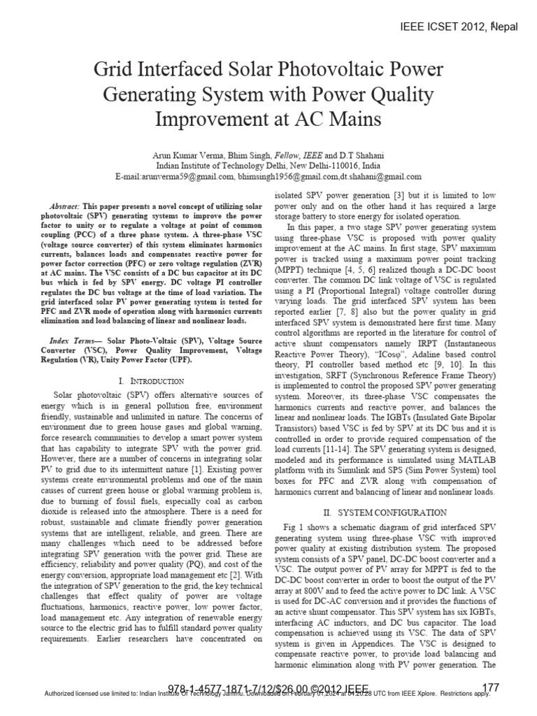 Grid Interfaced Solar Photovoltaic Power Generating System With Power ...