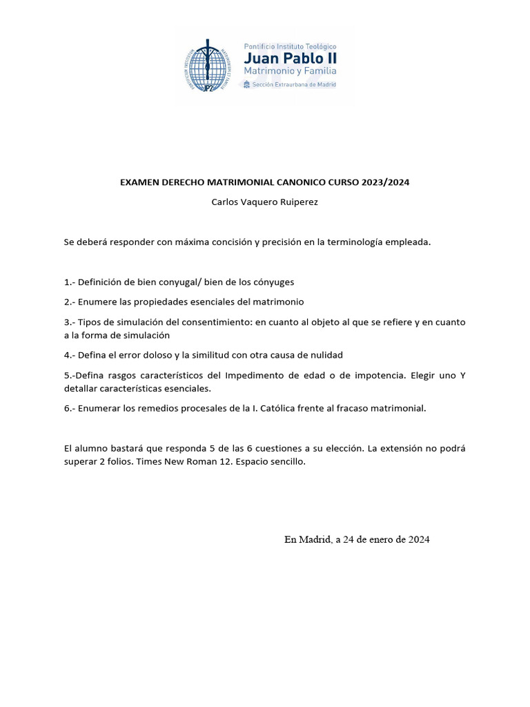 Examen Derecho Matrimonial Canonico | PDF Examen Derecho Matrimonial Canonico | PDF