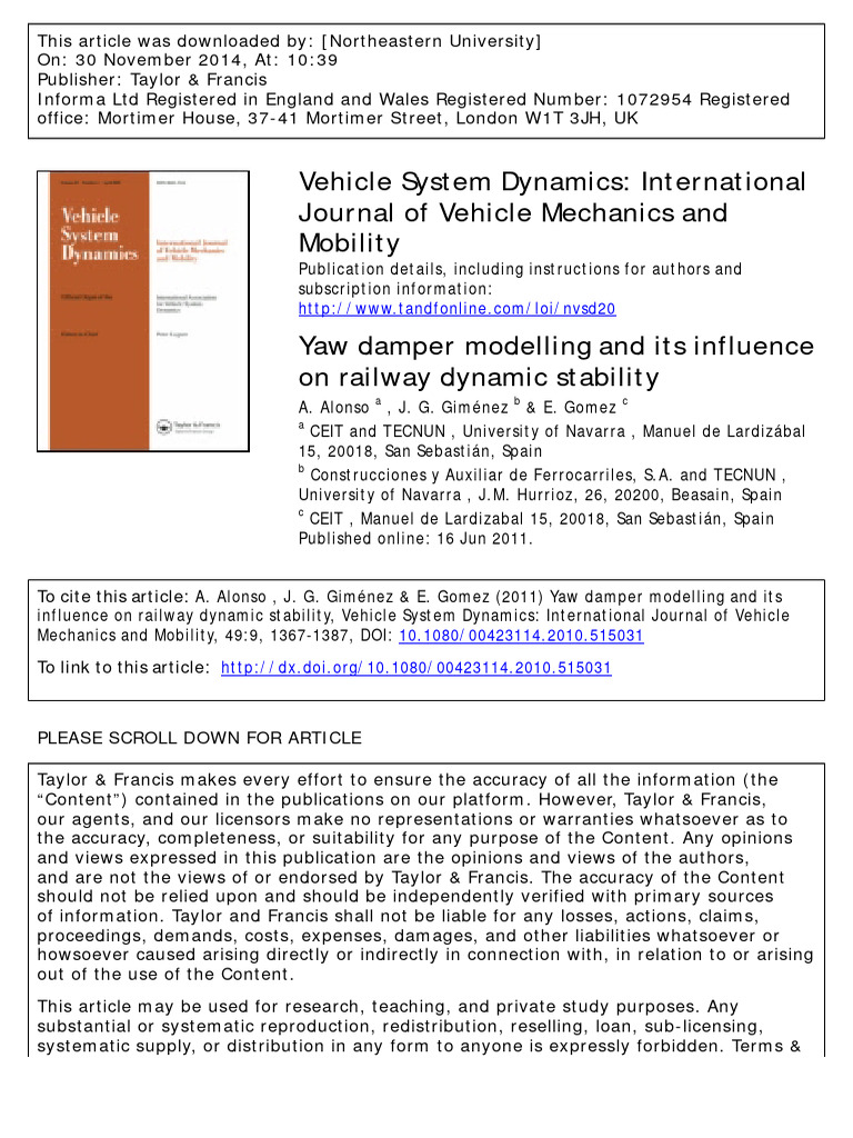 Yaw Damper Modelling and Its Influence On Railway Dynamic Stability ...