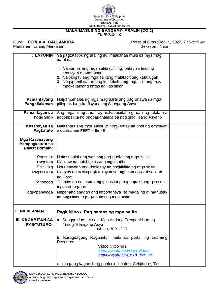 LESSON PLAN For Filipino 8 COT | PDF