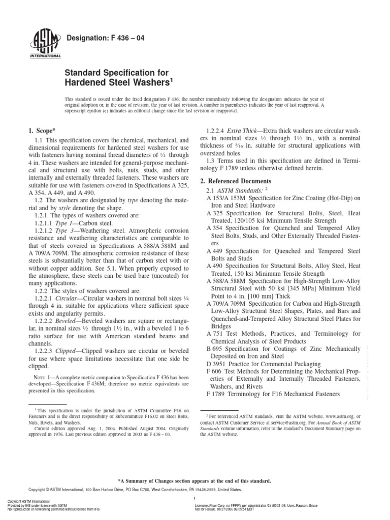 ASTM F 436 - Standard Specification For Hardened Steel Washers | PDF | Steel | Screw