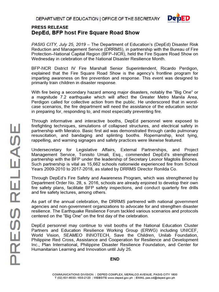 DepEd Press Release (DepEd, BFP Host Fire Square Road Show) | PDF