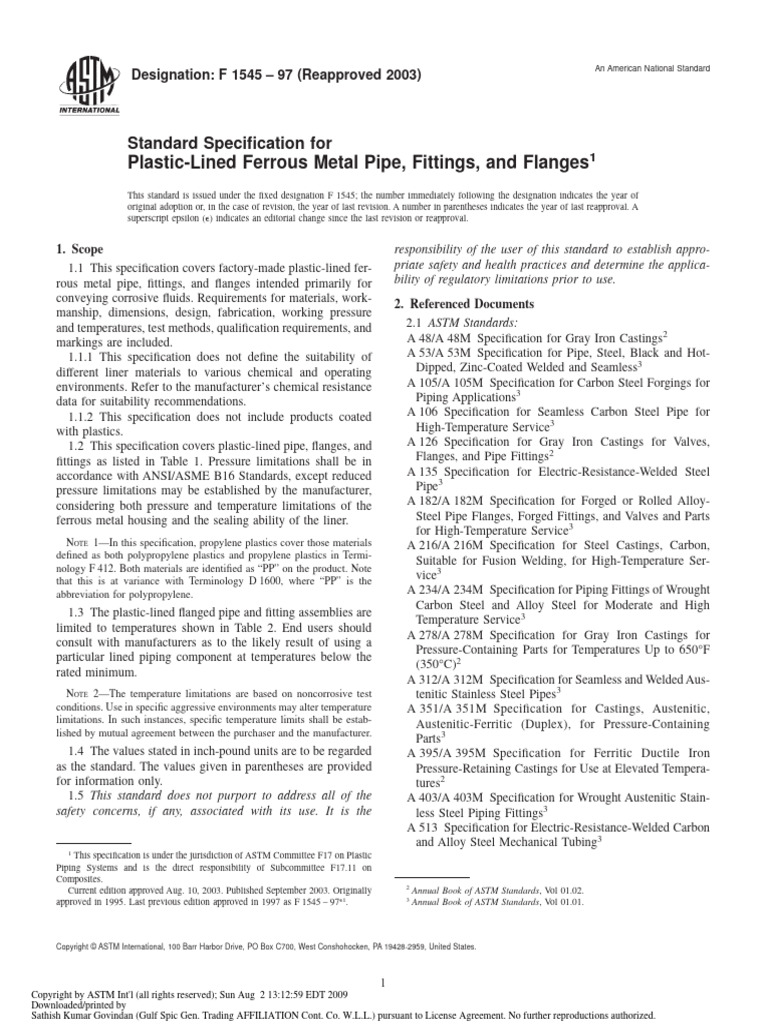 ASTM F 1545-03 - Standard Spec. For PTFE Plastic Lined Ferrous Metal ...