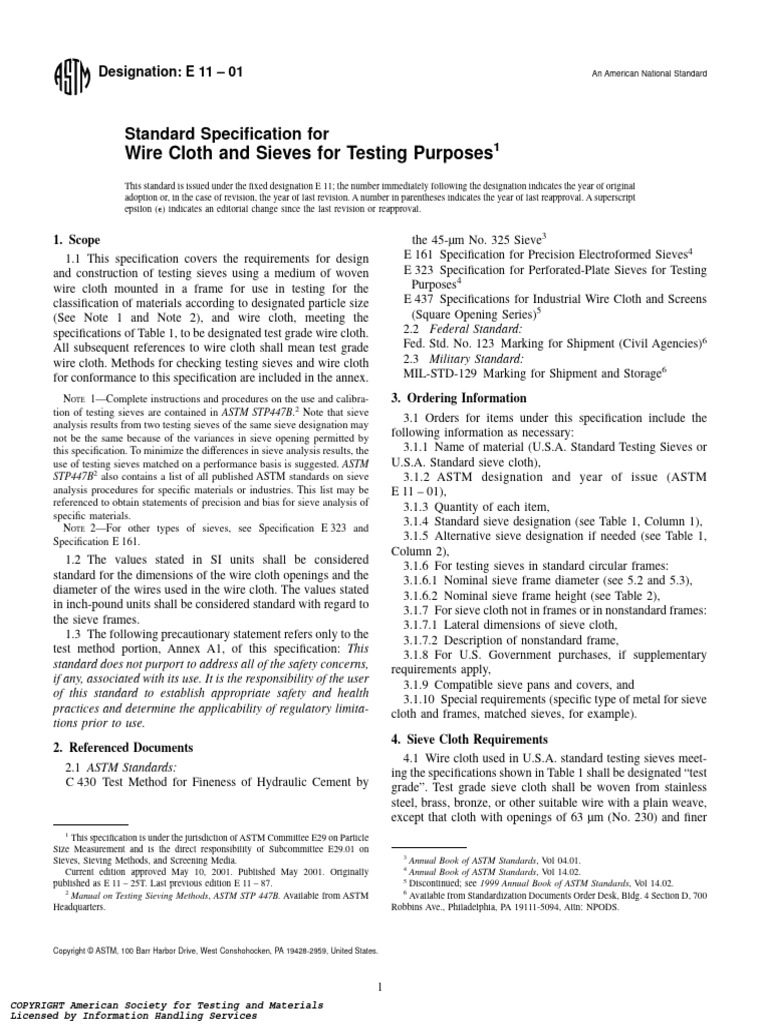 ASTM E 11-01 Spec. Wire Cloth &sieves For Testing Purposes | PDF ...